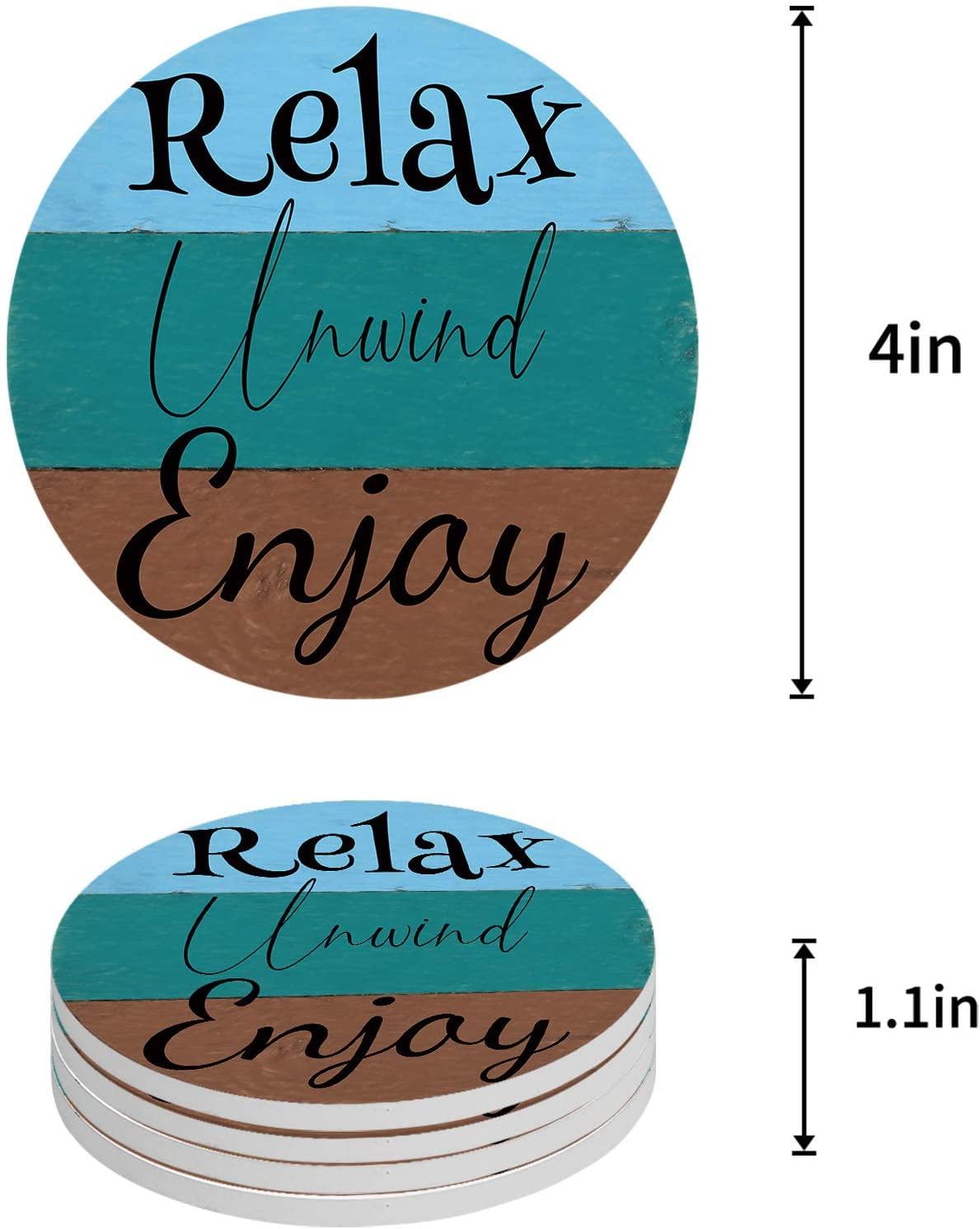 ZHANZZK Relax Enjoy Text Beach Retro Wood Grain Set of 6 Round Coaster ...