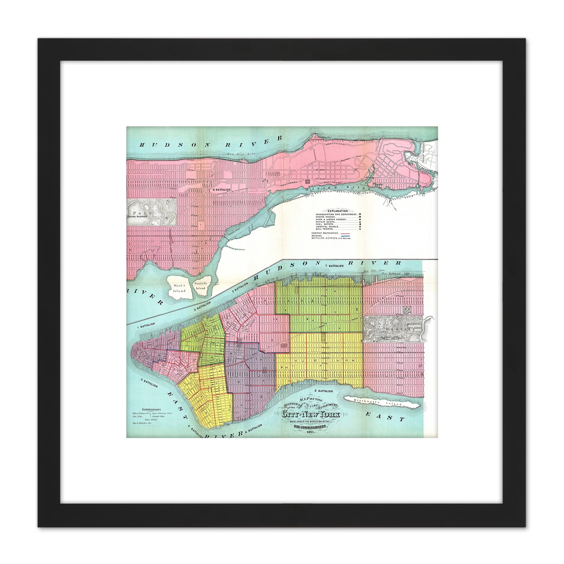Map Antique 1871 Hardy New York City Fire Departments Reproduction 8X8 ...