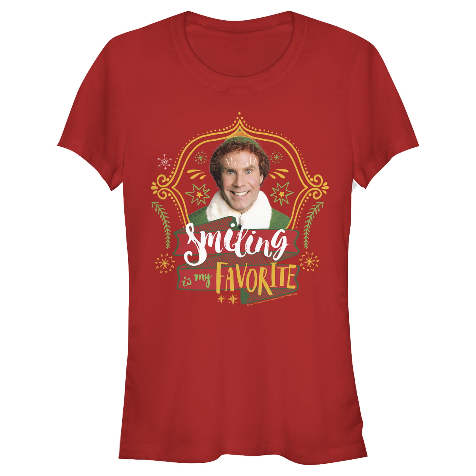 Junior s Elf Buddy Smiling Is My Favorite Graphic Tee Red Small junior-s-elf-buddy-smiling-is-my-favorite-graphic-tee-red-small
