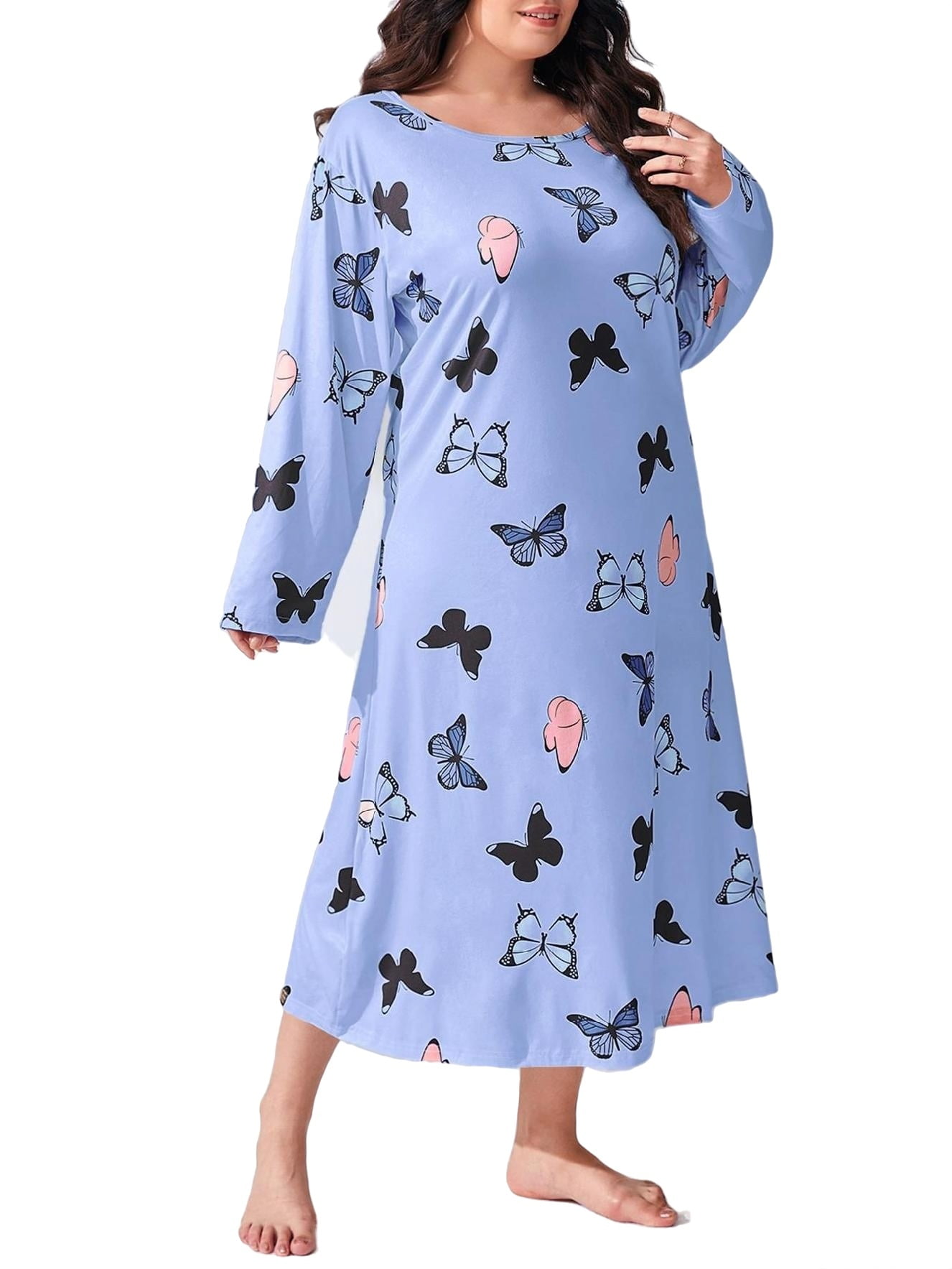 Casual Round Neck Sleepshirts Long Sleeve Blue Plus Size Nightgowns ...