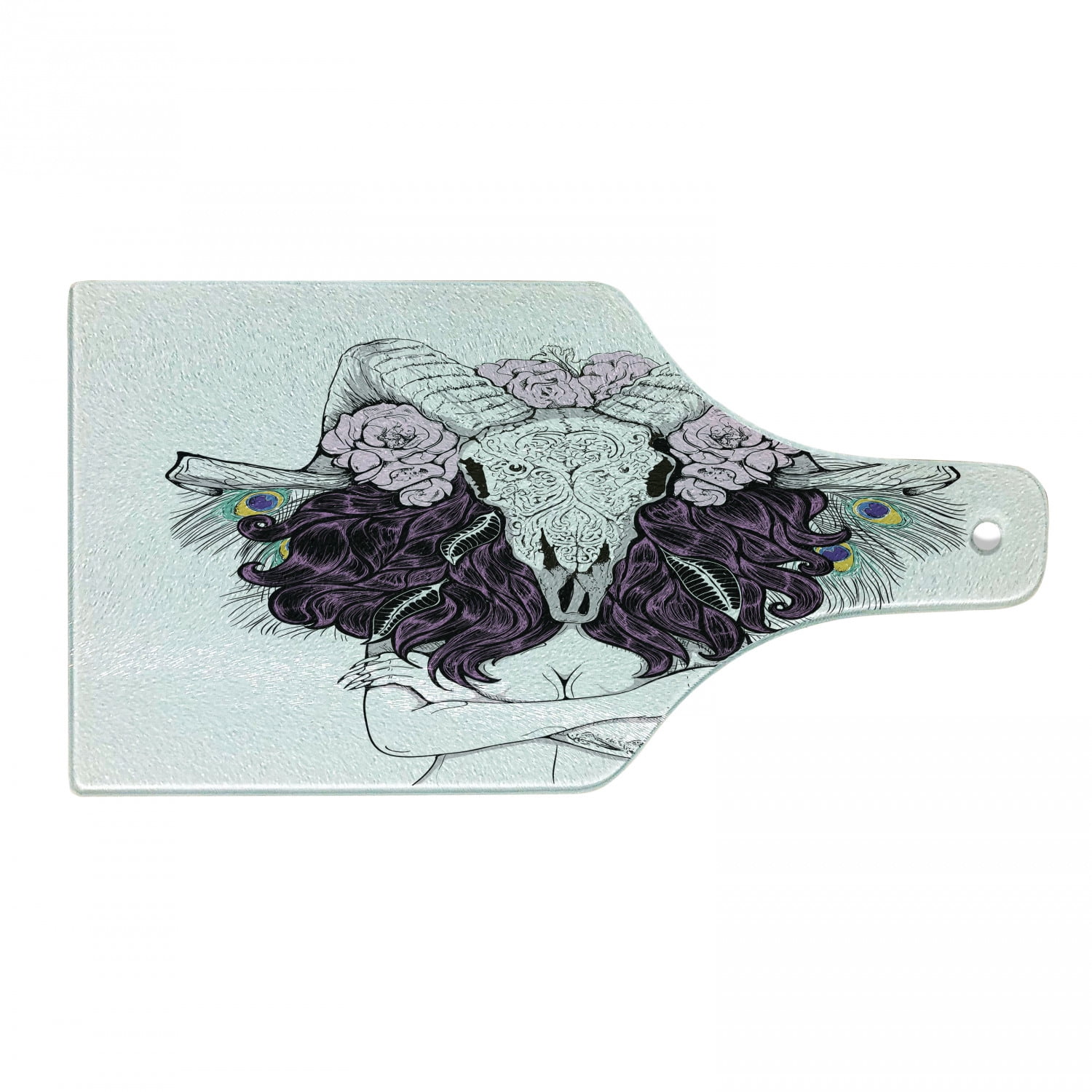 Skull Cutting Board, Tribal Lady with Horned Goat Head and Peacock ...