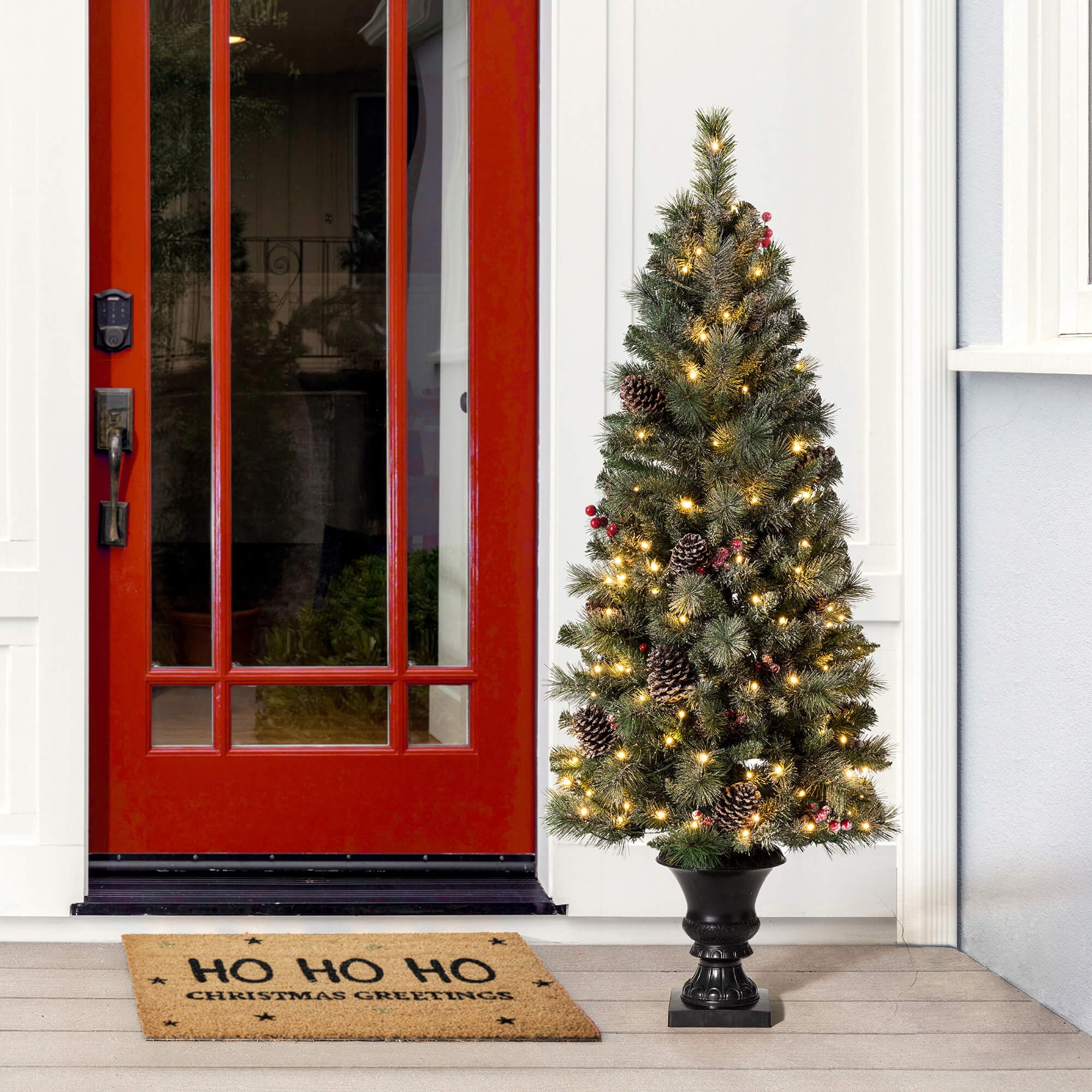Glitzhome 5ft Pre-Lit Flocked Pine Artificial Christmas Porch Tree with ...
