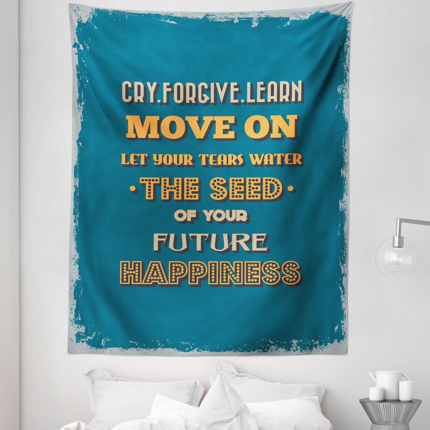 Wording Tapestry, Retro Grunge Background with Happiness Themed Word ...