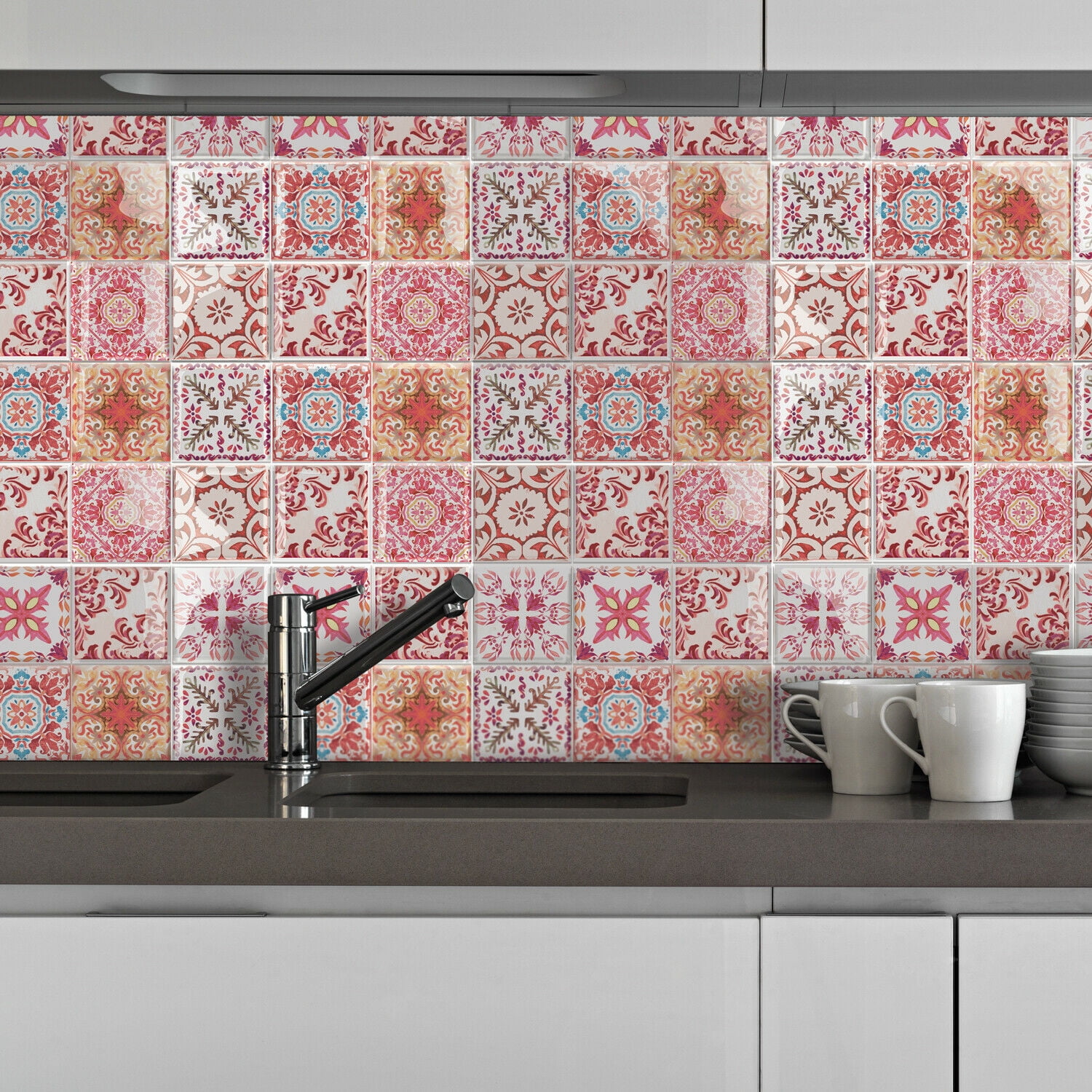 Walplus Peel and Stick Backsplash Moroccan Rose Red Mosaic 3D Tile ...