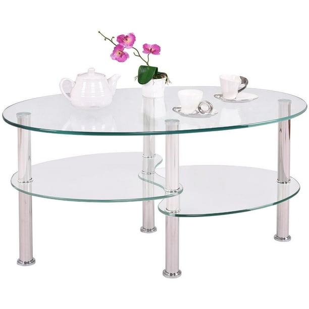 Ktaxon 3-Tier Tempered Glass Shelf Oval Side Coffee Table End Table ...