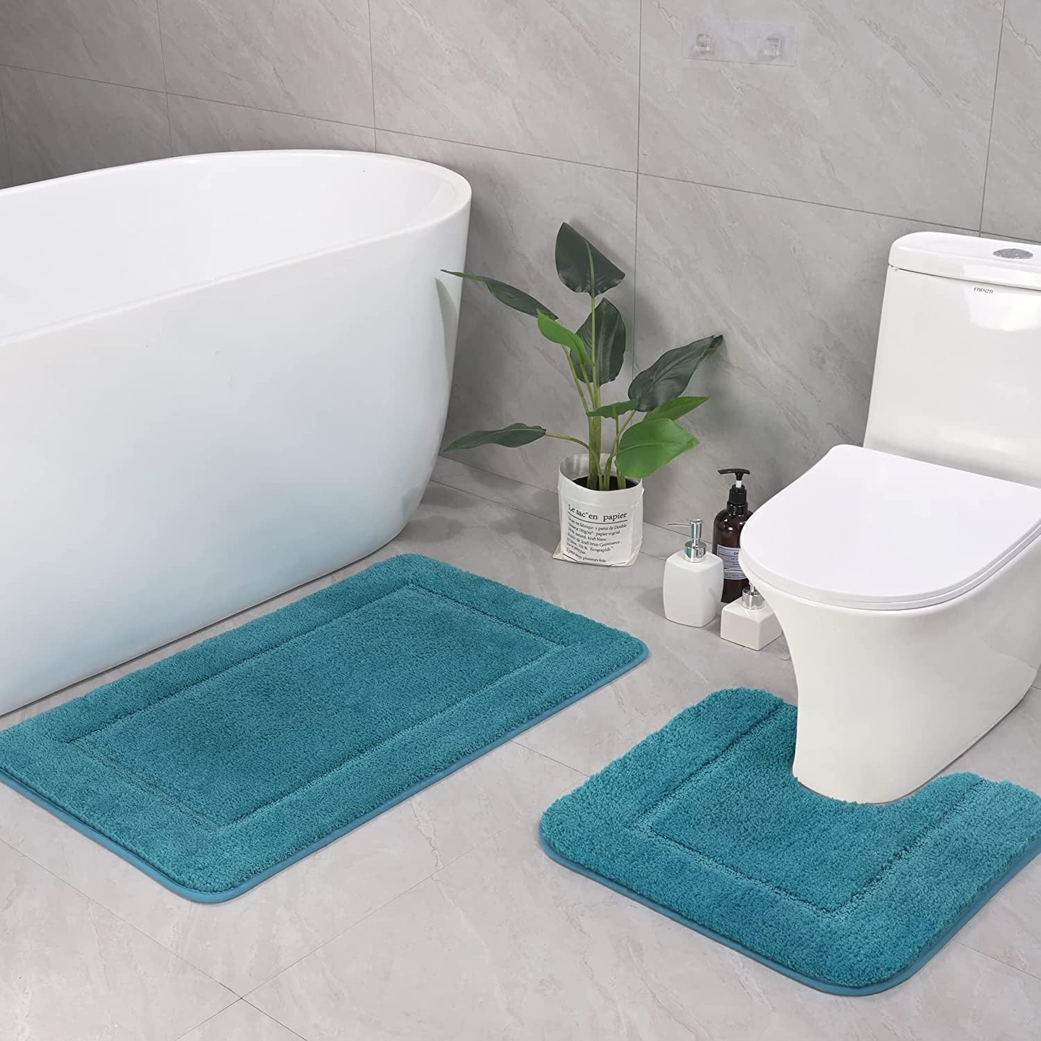 Homore Bathroom Rugs Sets Luxury Bath Mat Set Anti Slip Bath Rug And U Shaped Toilet Mat Green