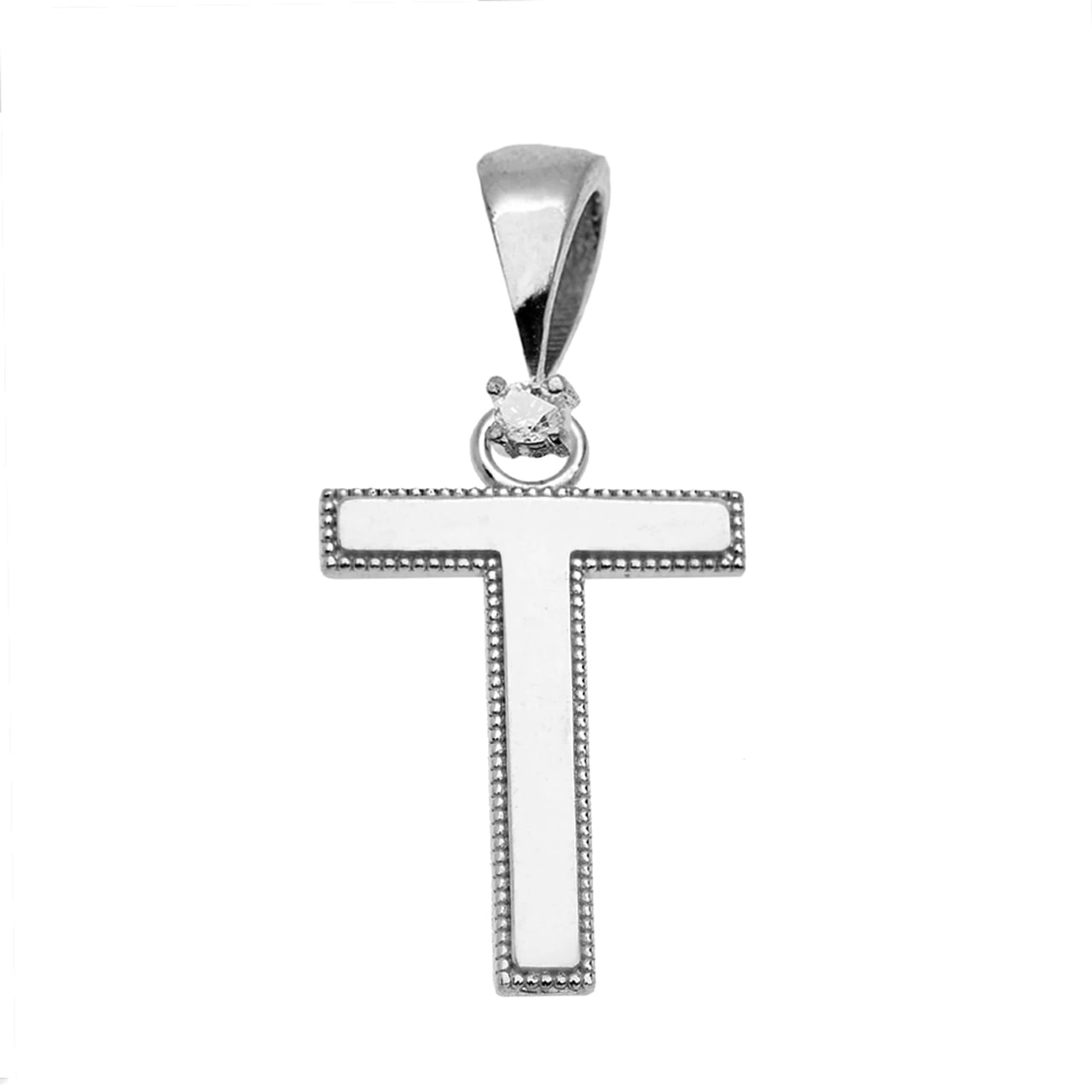 WHITE GOLD HIGH POLISH MILGRAIN SOLITAIRE DIAMOND "T" INITIAL PENDANT ...