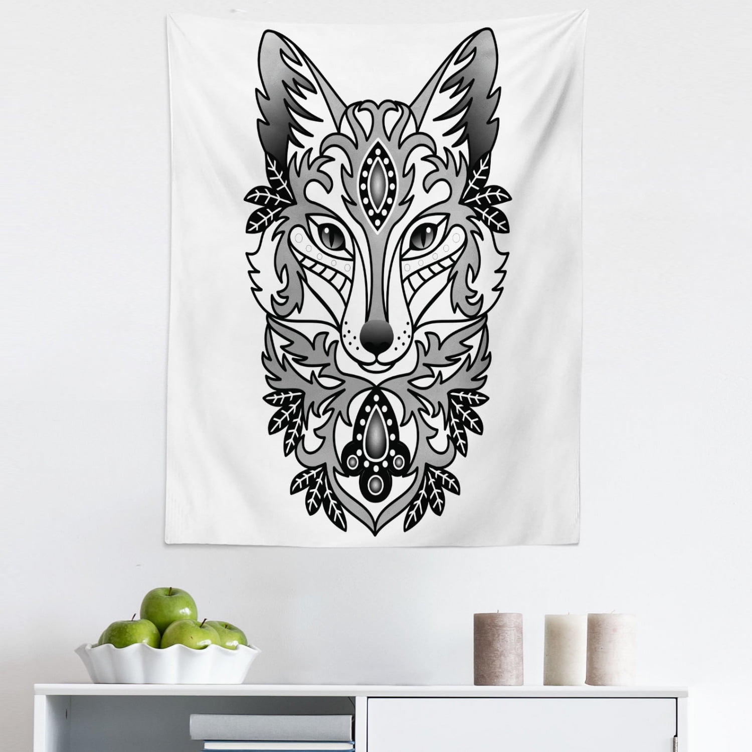 Fox Tapestry, Ornamental Fox Face with Tree Leaves Oval Shapes Dots ...
