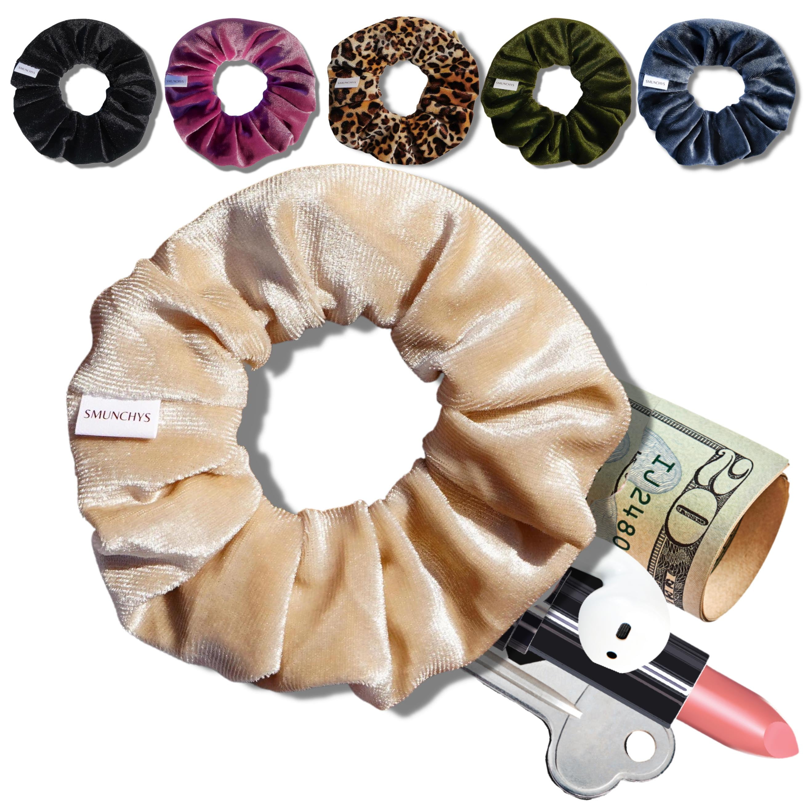 Smunchys Velvet Hair Scrunchie with Hidden Zipper Pocket Storage ...