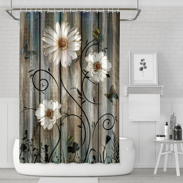Rustic Shower Curtain Set Grey Floral Fabric Bath Curtain Butterfly ...