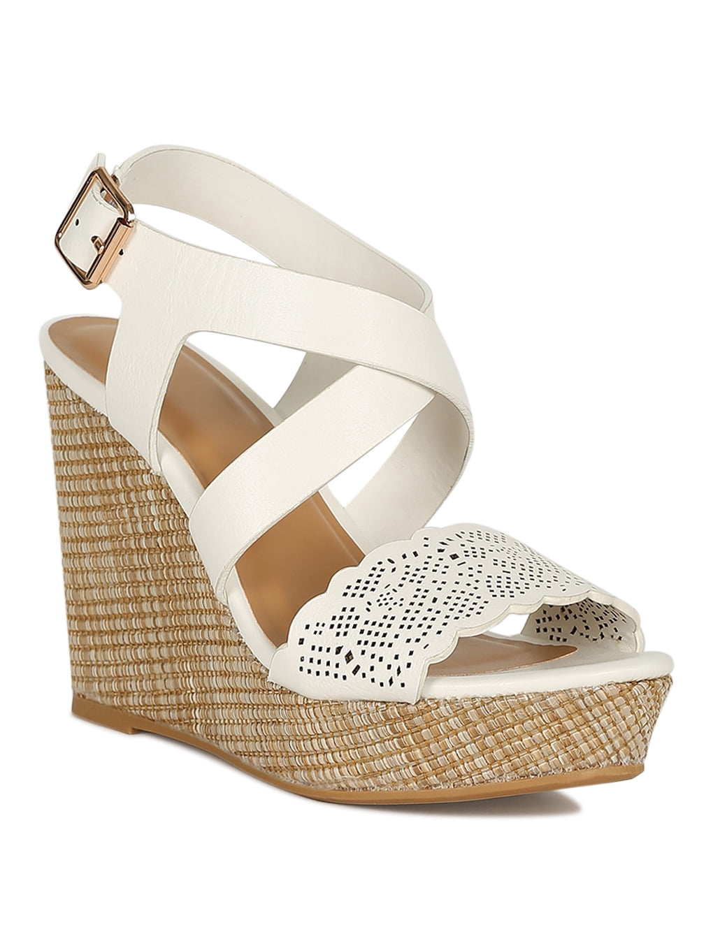 Women Scallop Laser Cutout Open Toe Weaved Platform Wedge Sandal 18674 ...