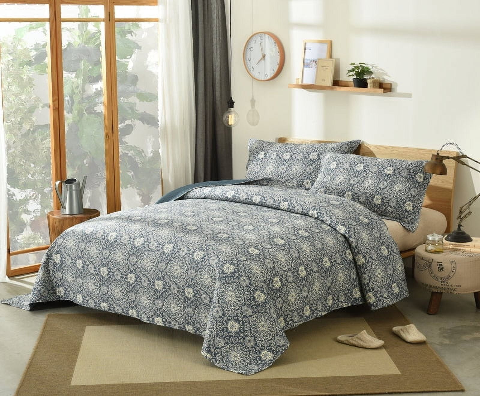 DaDa Bedding Juego de colcha acolchada con medallón floral azul marino ...