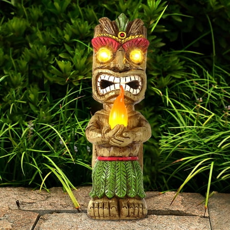 Solar Tiki Torch Garden Statue, Resin Tiki Decor Figurine with Solar ...