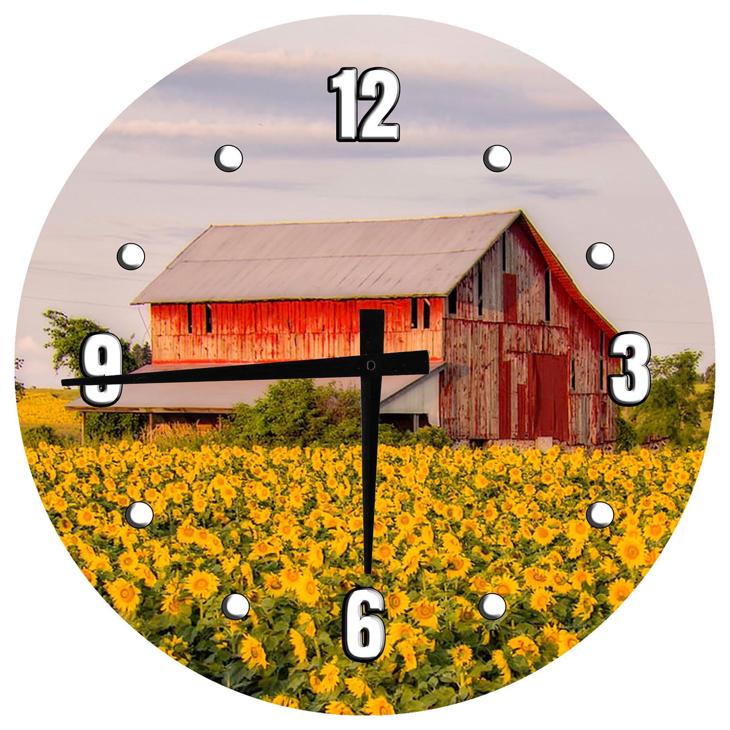 Large Wood Wall Clock 24 Inch Round Old American Barn Red Sunflowers ...