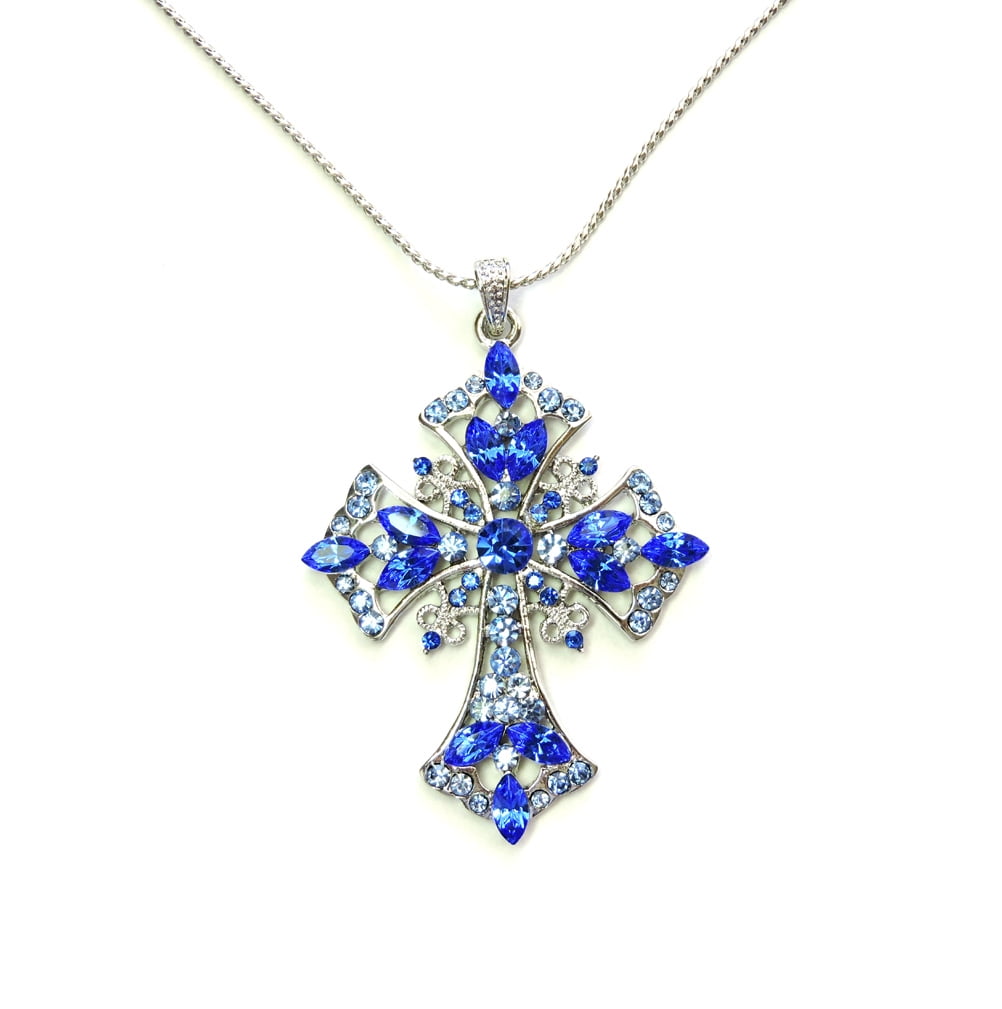 Blue Rhinestone Crystal Cross Crucifix Pendant Necklace C768 - Walmart.com