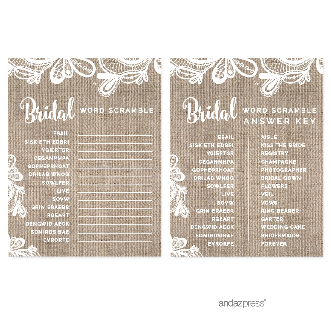 Word Scramble Burlap Lace Wedding Bridal Shower Game Cards, 20-Pack ...