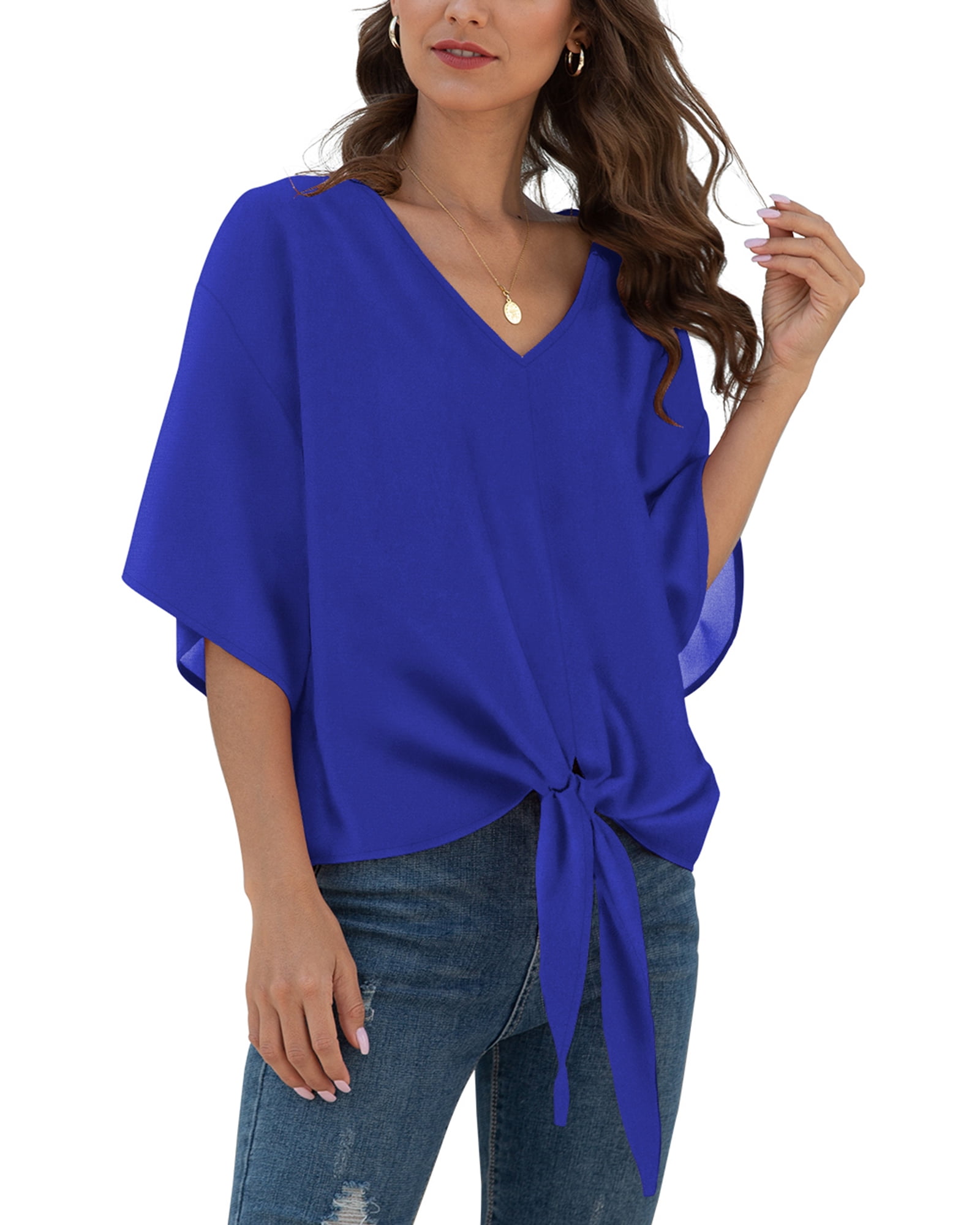 Uvplove Womens Tie Front Chiffon Blouses V Neck Batwing Short Sleeve