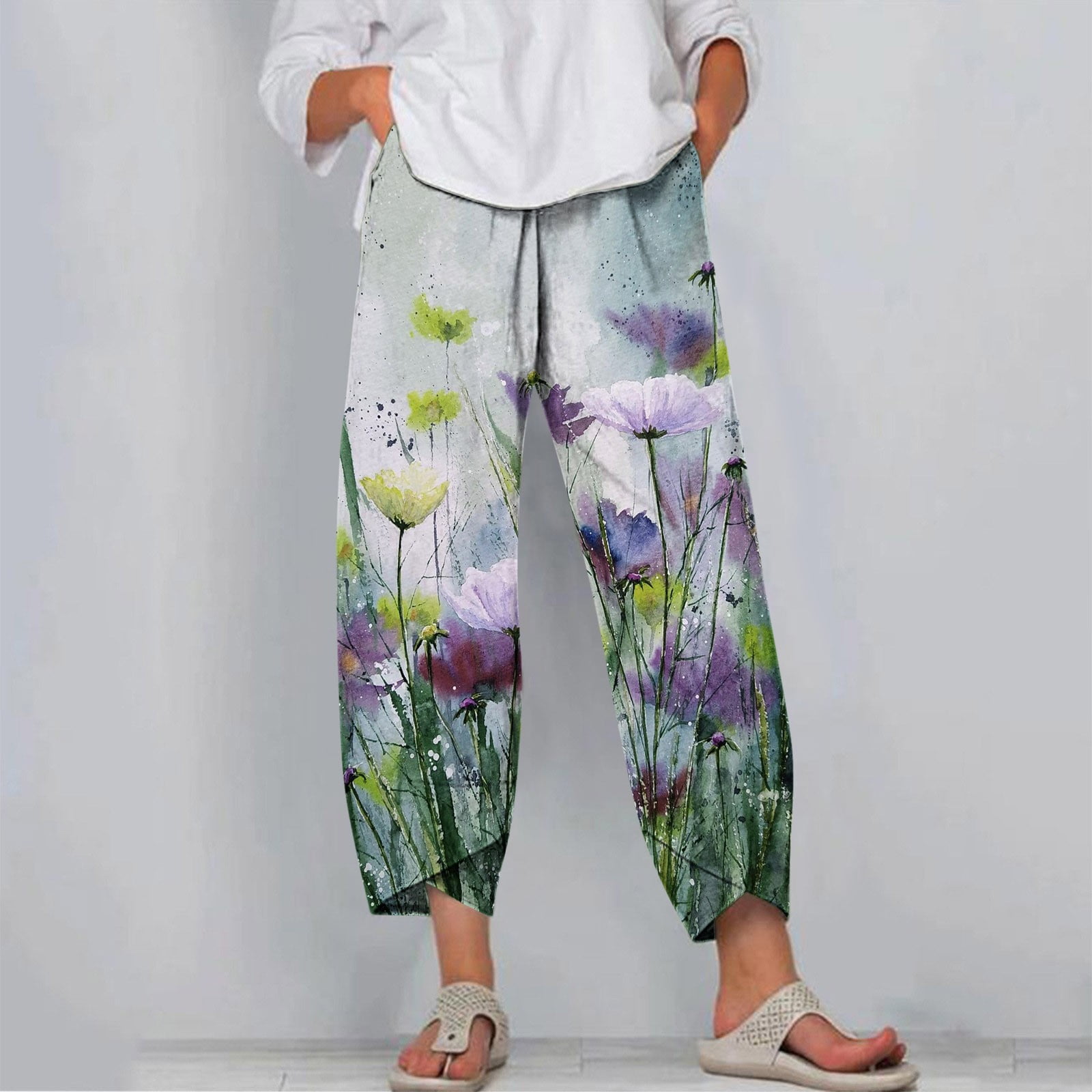 Lilgiuy Womens Elastic Waist Buttons Printing Thin Stretch Skinny Pants ...