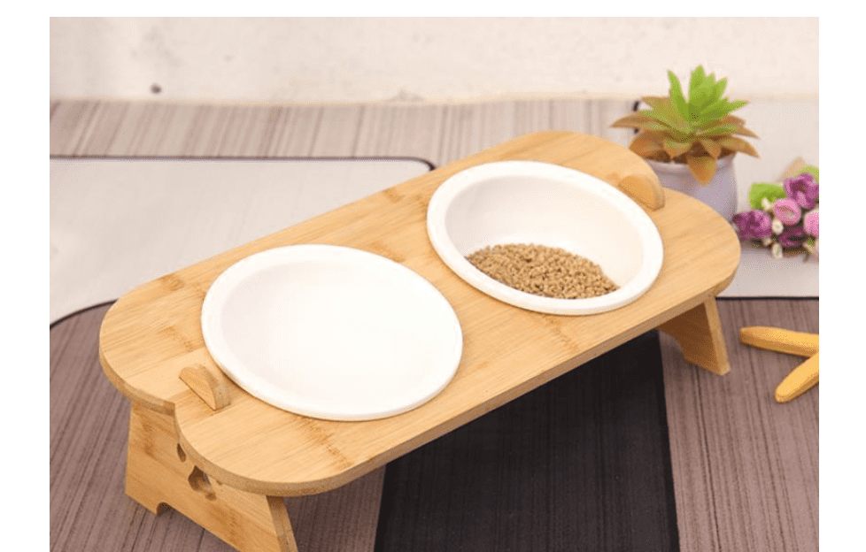 Elevated Bamboo Pet Table With Ceramic Bowls Raised Anti-Slip Tilted ...