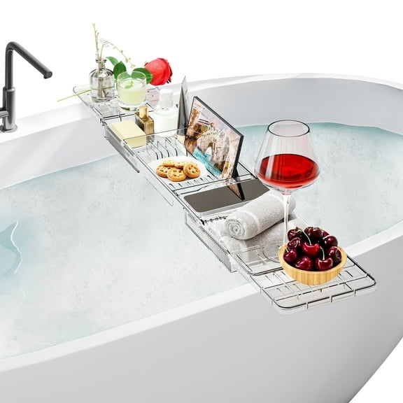 Miumaeov Bathtub Tray Expandable Bamboo Bath Tray for Tub with Wine and ...