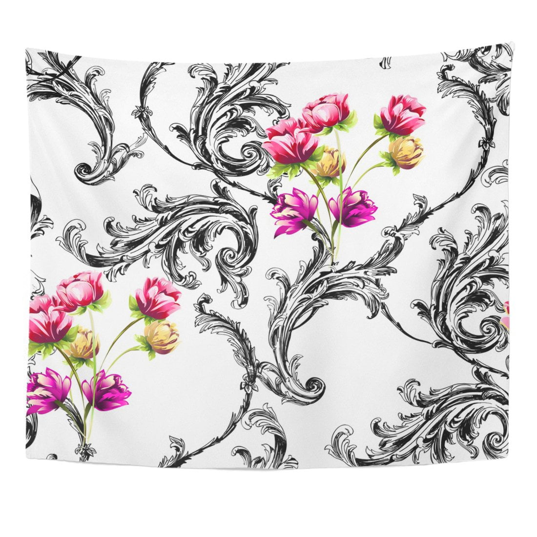 UFAEZU Pink Baroque Pattern Scrolls and Bouquet Tulip Flowers Wall Art ...