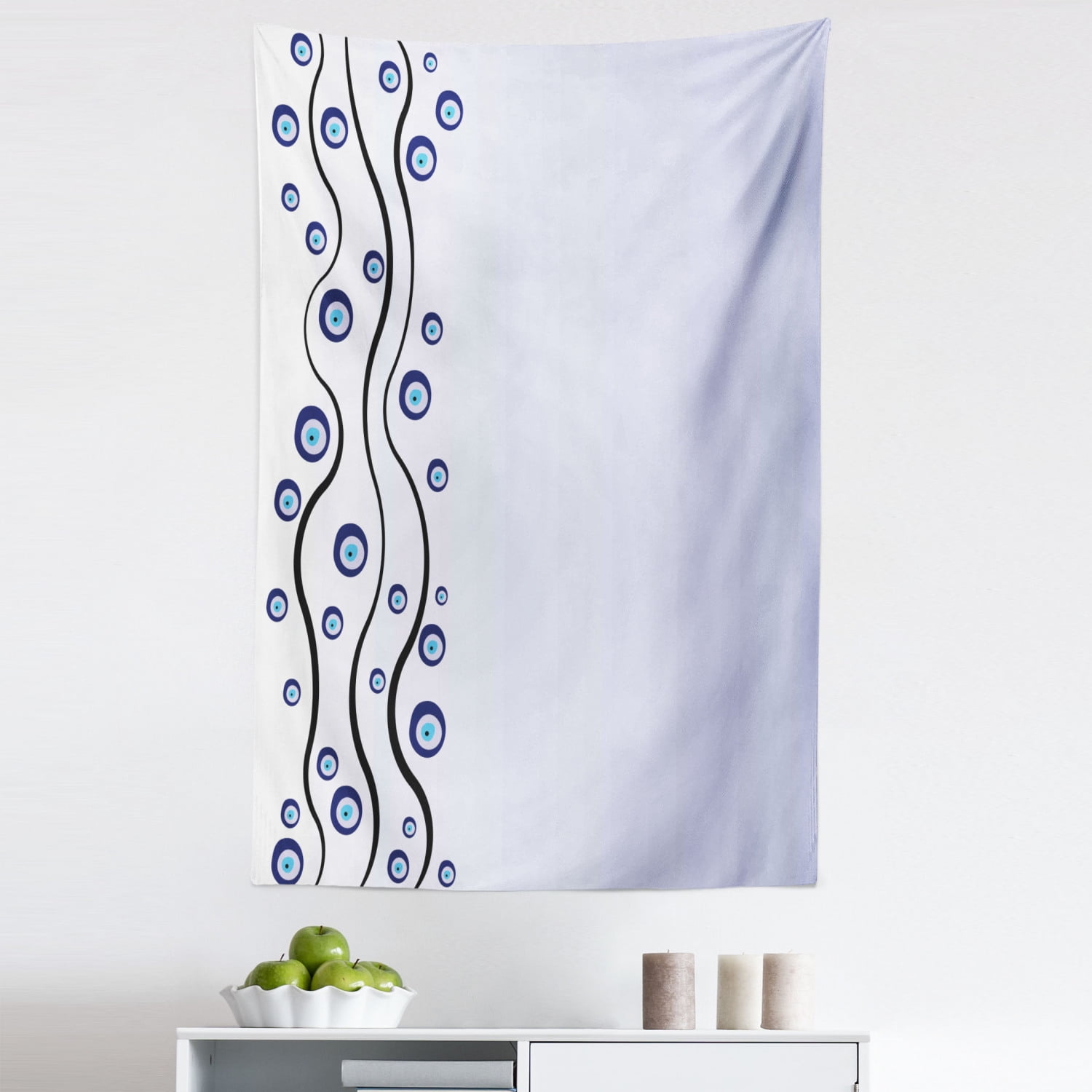 Evil Eye Tapestry, Eye Shaped Round Ethnic Themed Vertical Wavy Lines ...