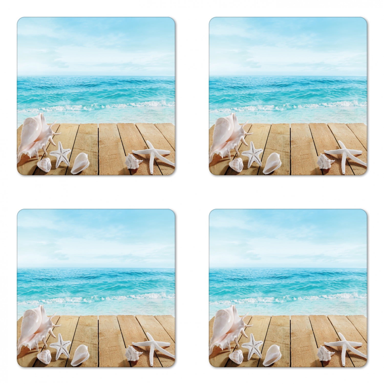 Seashells Coaster Set of 4, Wooden Boardwald Sunshine Vacations Beach ...