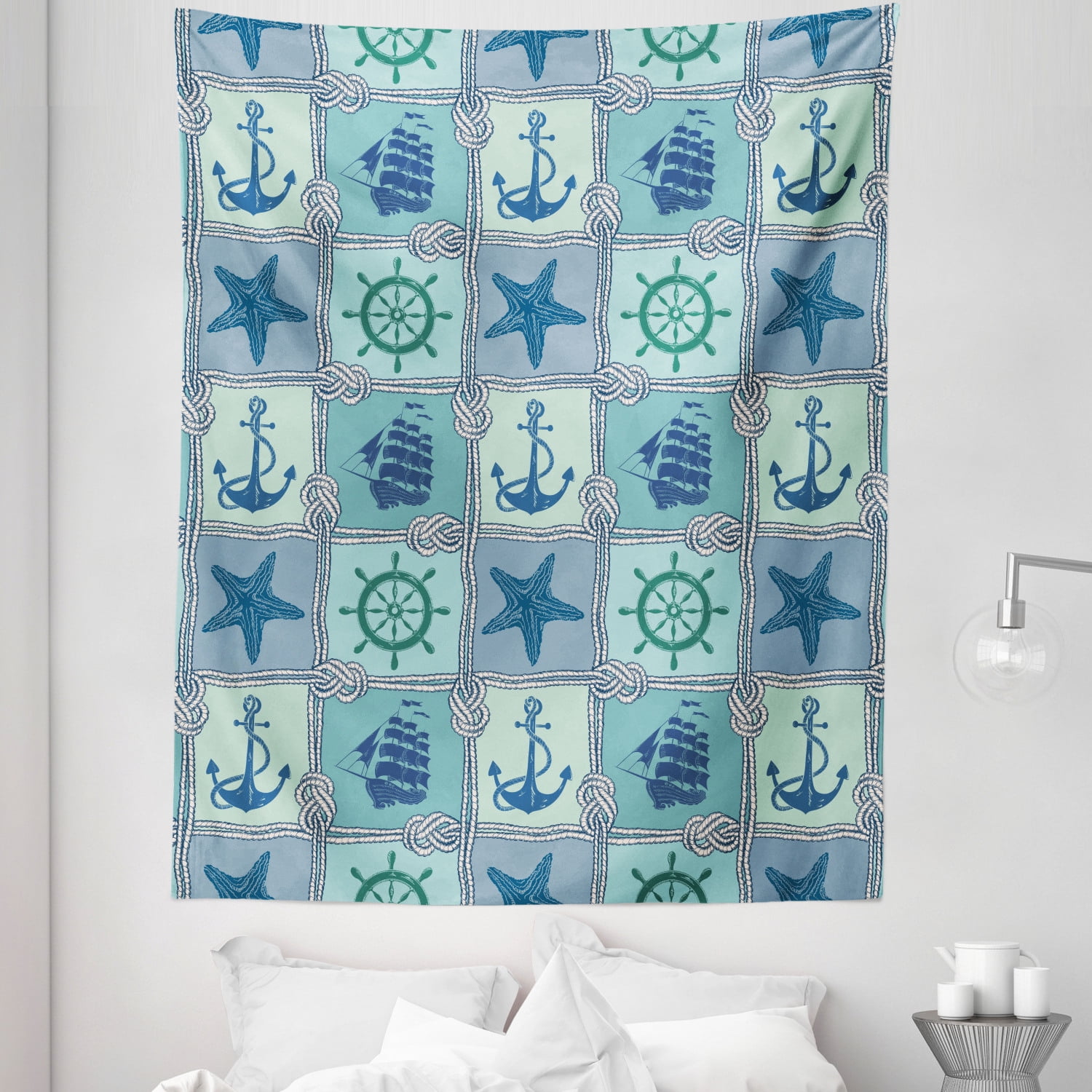 Anchor Tapestry, Nautical Patchwork Pattern Starfish Sailing Ship ...