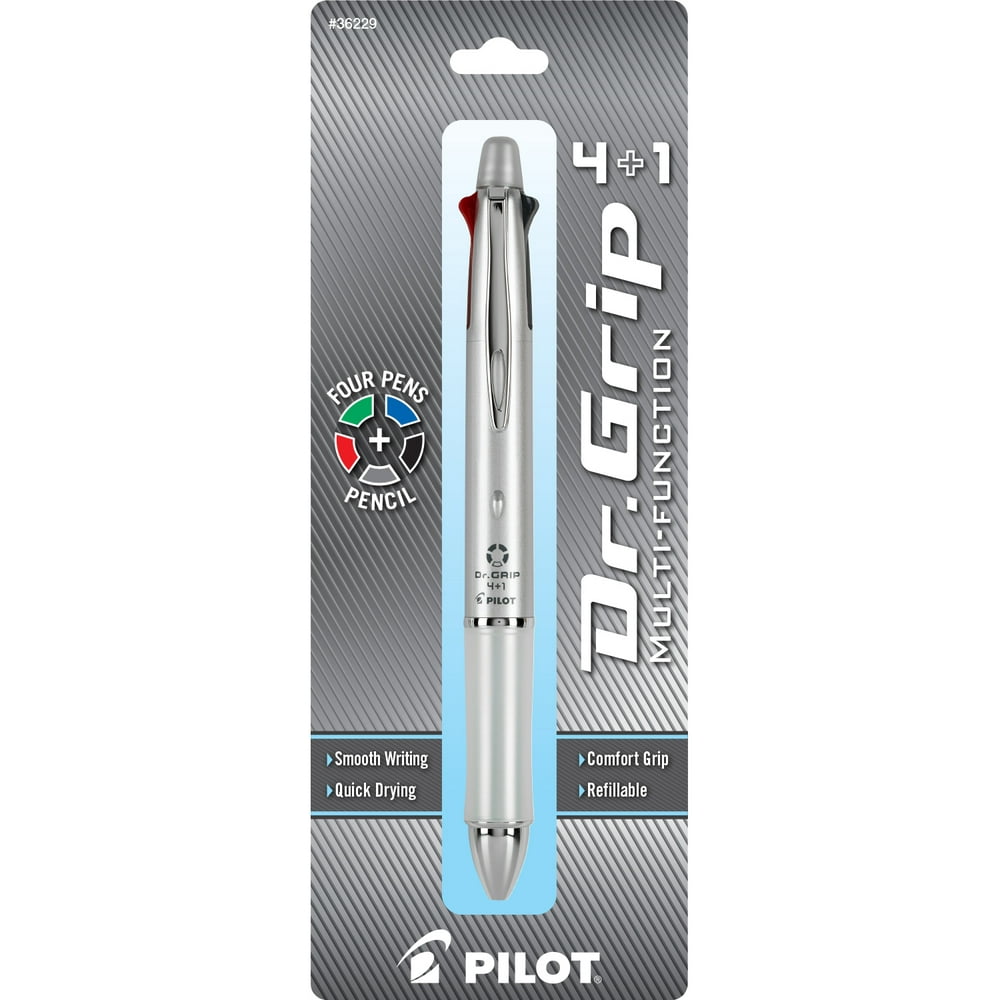 Pilot Dr. Grip 4+1 Multifunction Ballpoint Pen + #2 Pencil, 0.7mm, Assorted Color Inks, Silver ...