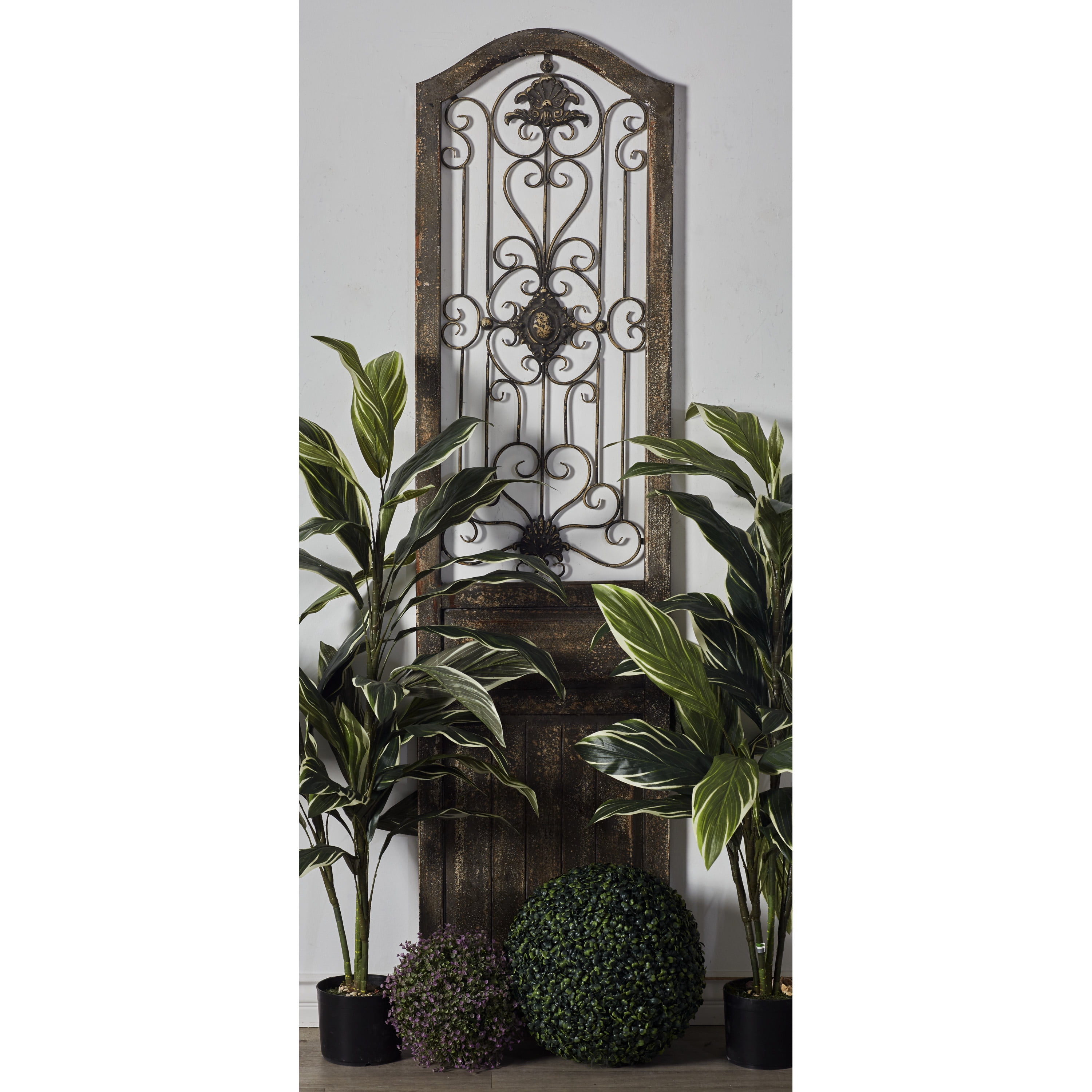 DecMode Brown Wood Distressed Door Inspired Ornamental Scroll Wall ...