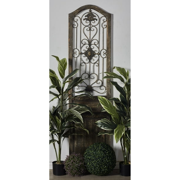 DecMode Brown Wood Distressed Door Inspired Ornamental Scroll Wall ...