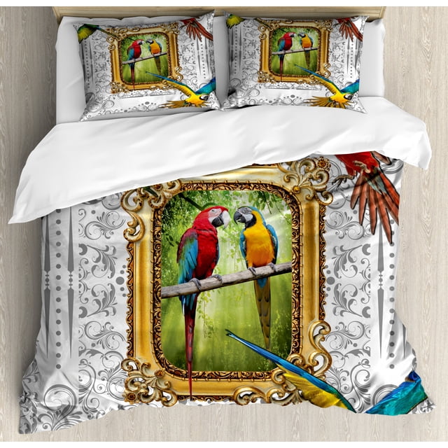 Ambesonne Parrot Duvet Cover Set, Exotic Colorful Birds Image, Queen ...