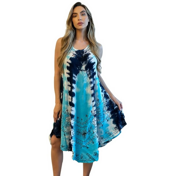 Riviera Sun Tie Dye Summer Dress - Beach Cover Up (Navy Turquoise ...
