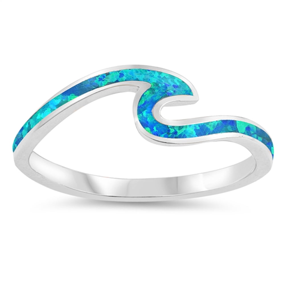 Blue Simulated Opal Wave Dainty Thumb Ocean Ring .925 Sterling Silver ...