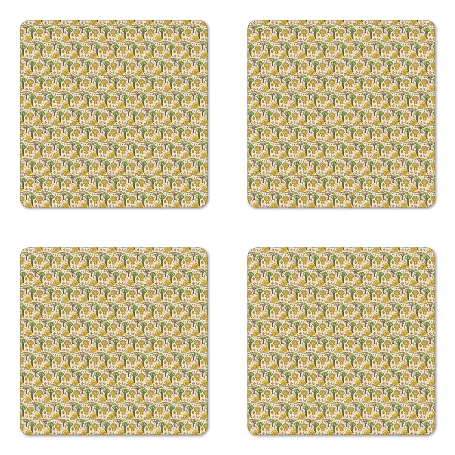 Cartoon Coaster Set of 4, Pastel Nursery Tropical Forest Animals Lion ...