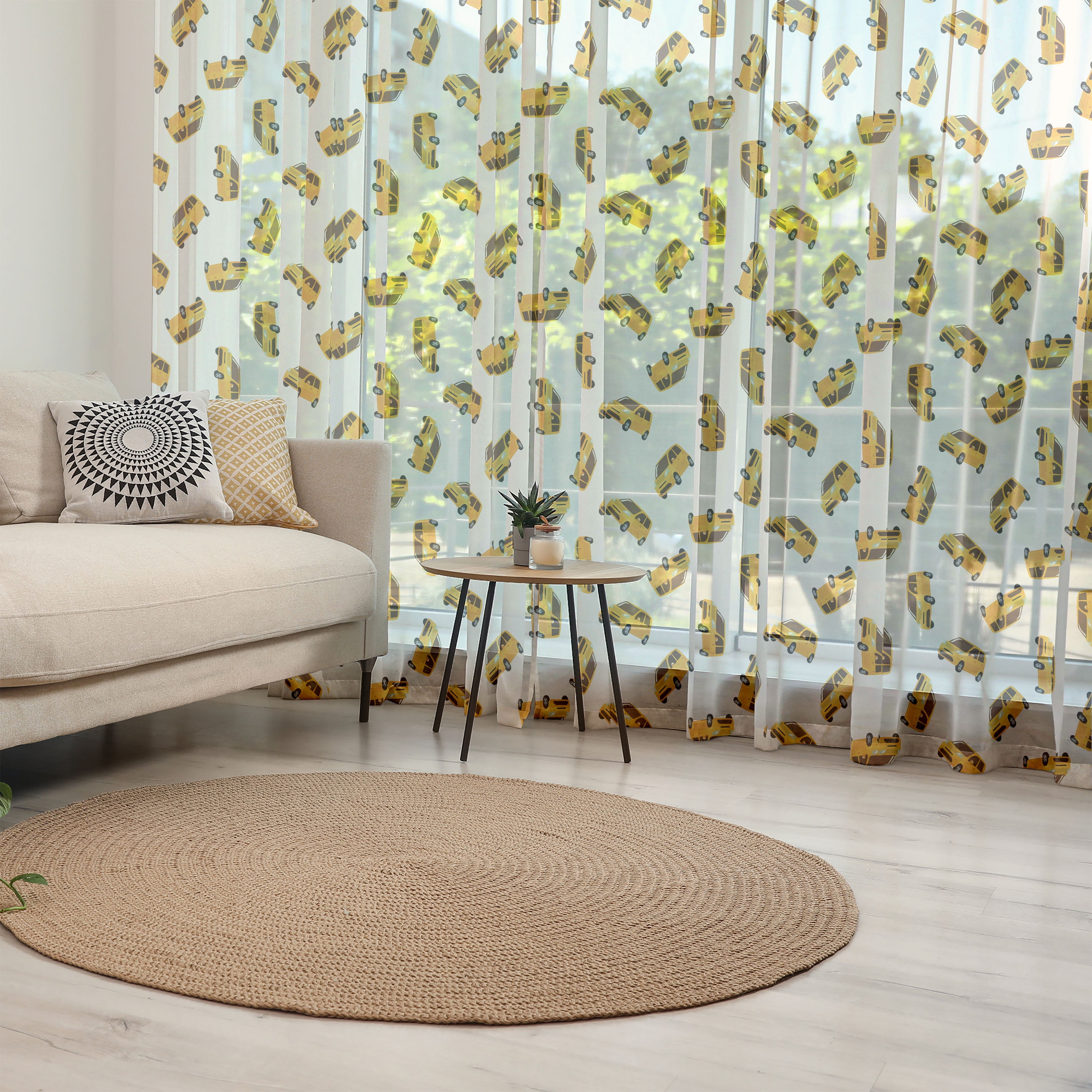 Car Tulle Curtains with Rod Pocket, Cartoon Style Automobiles ...