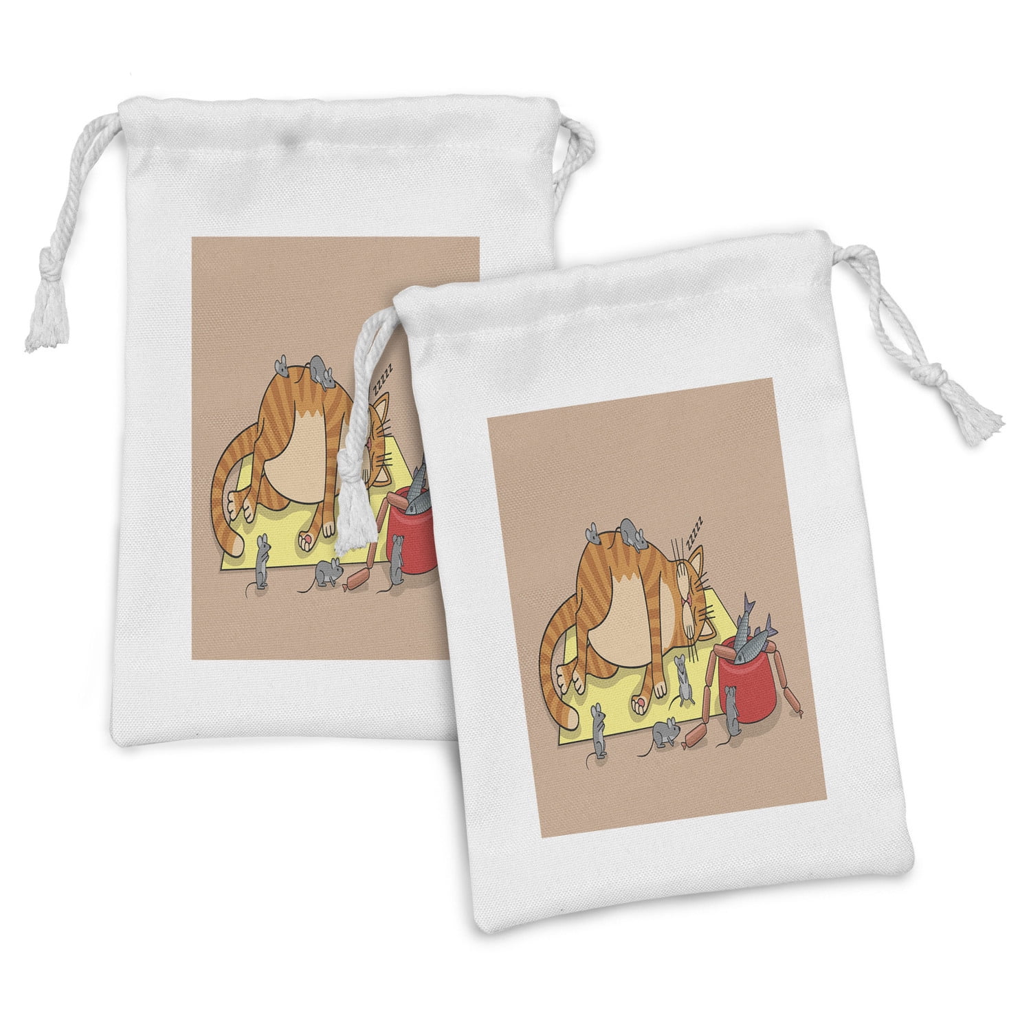 Cat and Mouse Fabric Pouch Set of 2, Colorful Cartoon Image of a Big ...
