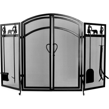 3-Panel Solid Fireplace Screen with 2 Doors and Fire Place Tools Sets ...