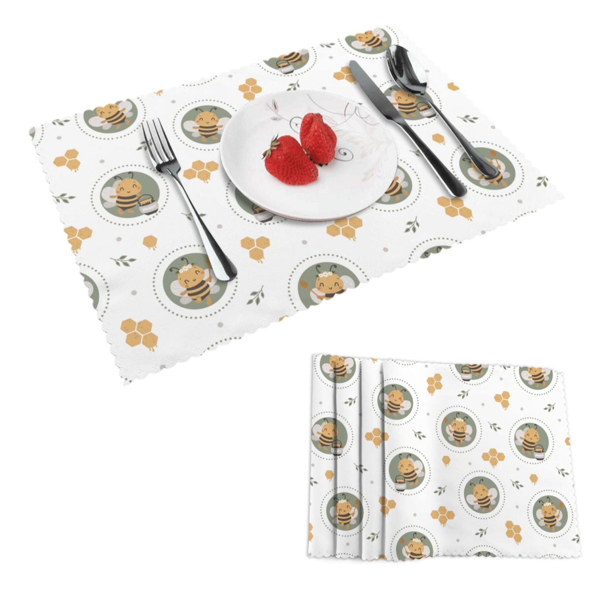 DouZhe Polyester Placemats Set of 4, Vintage Cute Bee Honey Pattern ...