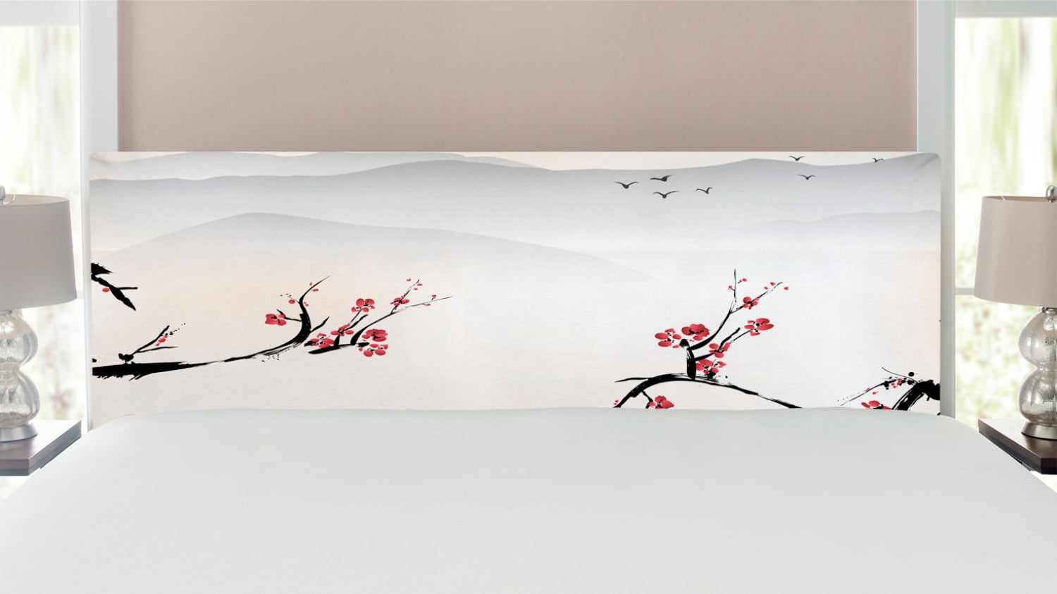 East Headboard, Japanese Nature Landscape National Sakura Flower over ...