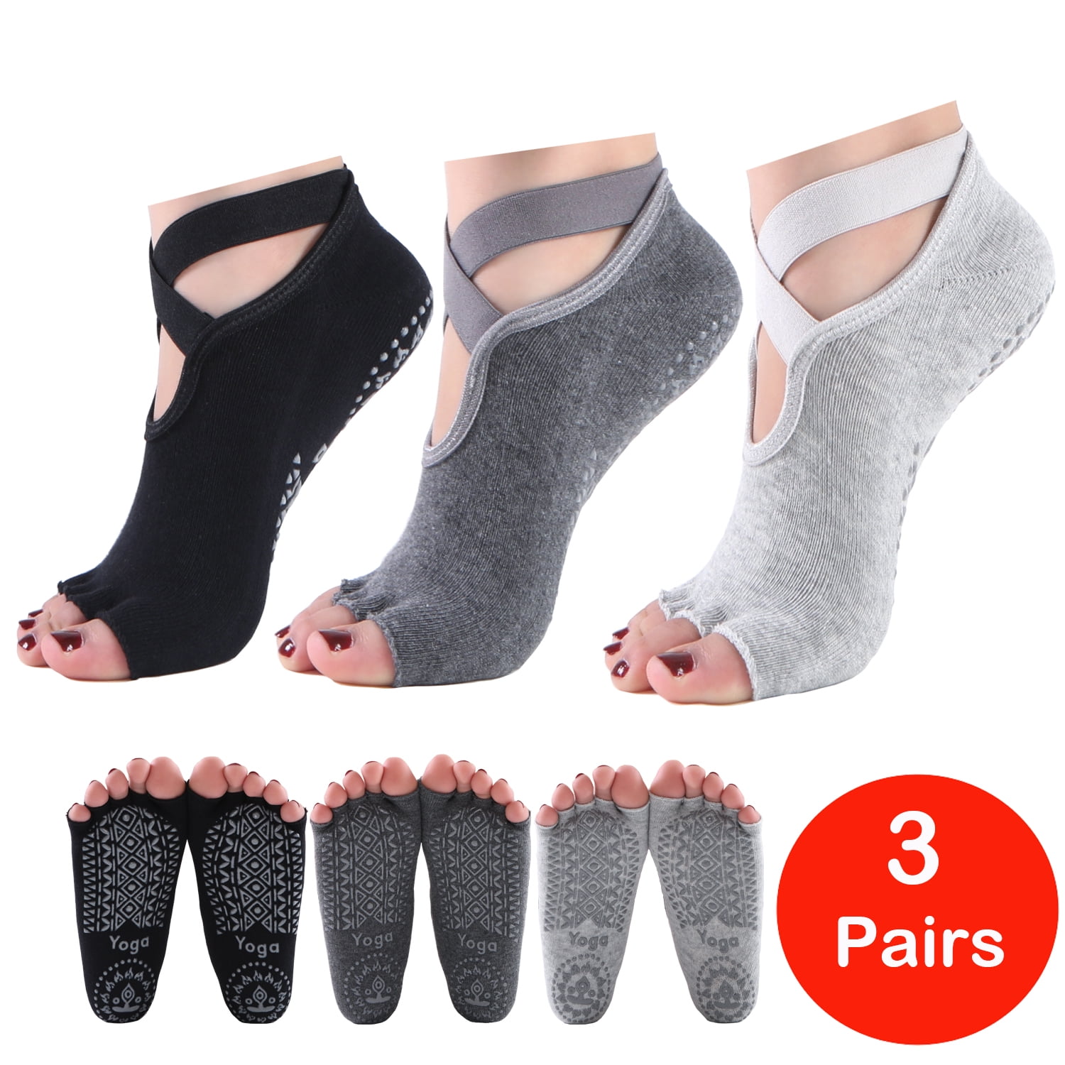 Yoga Socks for Women 3 Pairs Non-Slip Grips & Straps，Clasped Pilates ...
