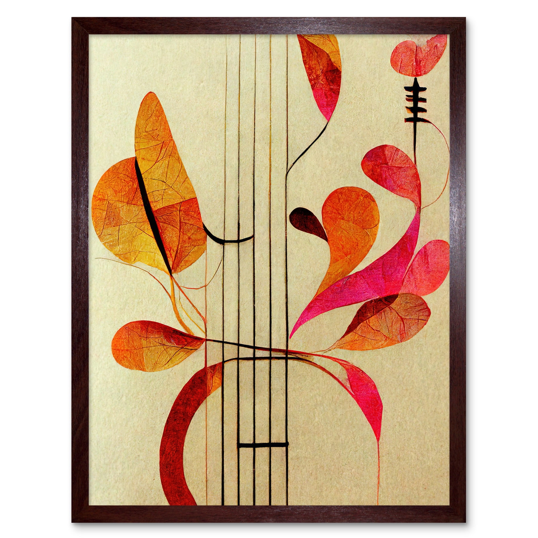 Abstract Autumnal Boho Leaves and Musical Music Staff Lines Cream Pink ...