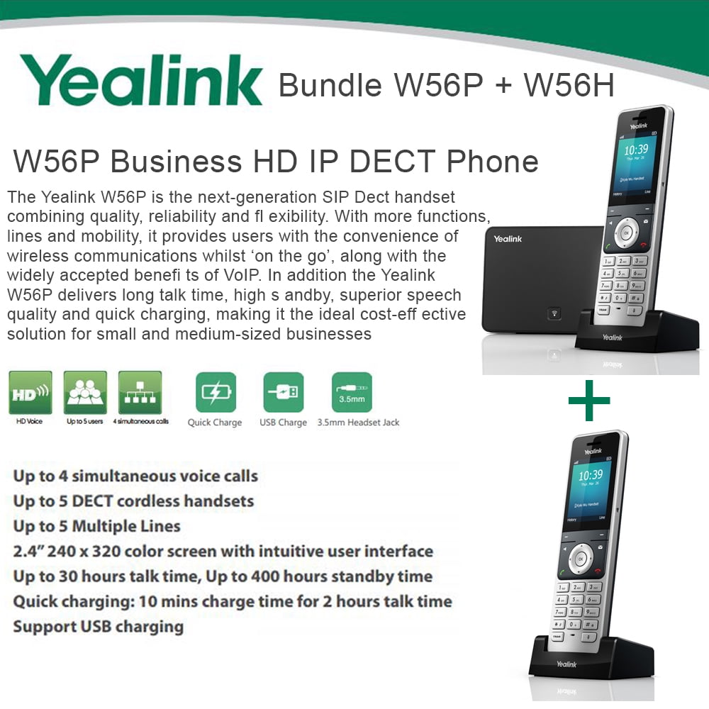 Yealink W56P + W56H Cordless VoIP Phone PoE HD Voice and Base Unit, USB Charge - Walmart.com
