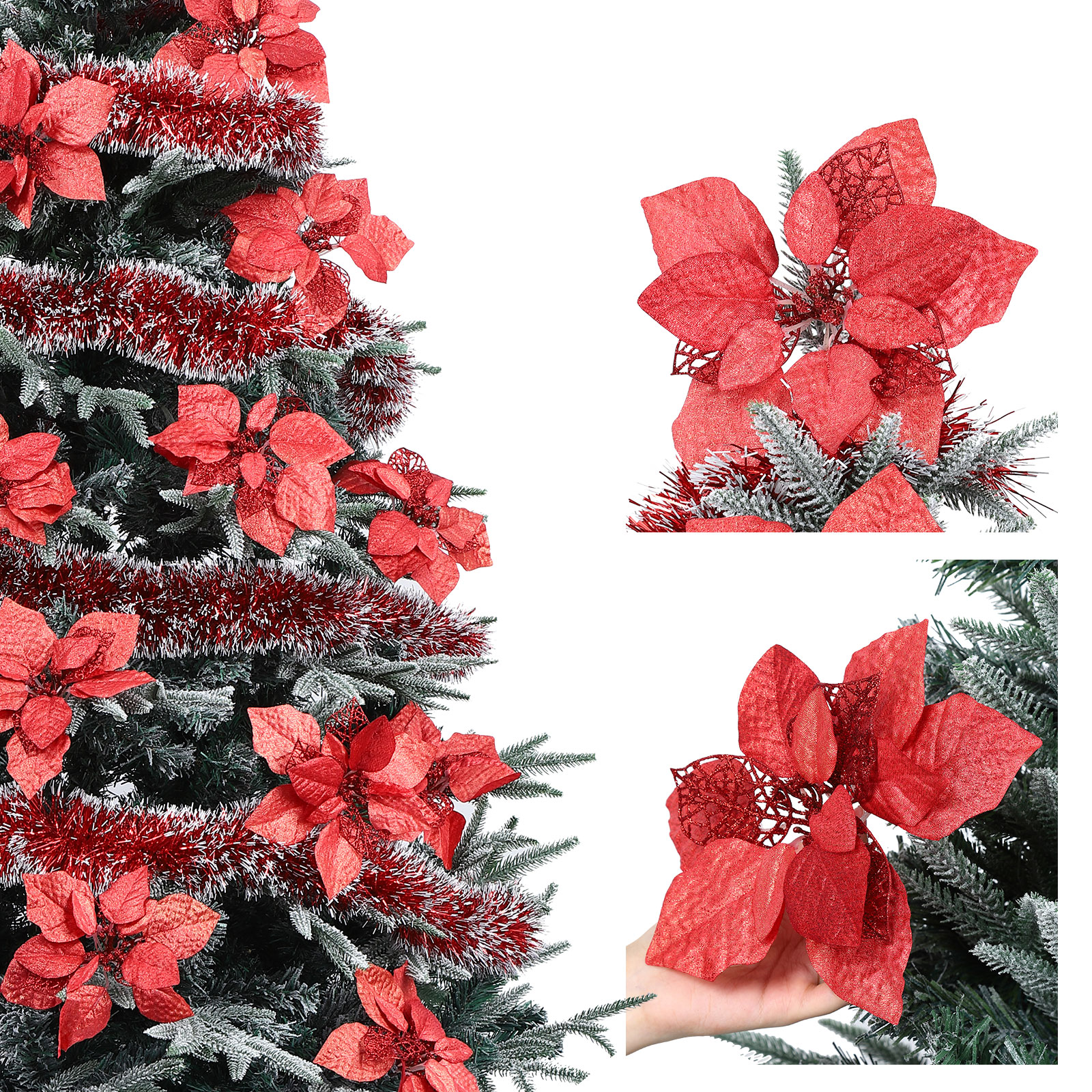 15 Pieces Christmas Glitter Poinsettia with Clips Christmas Poinsettia ...