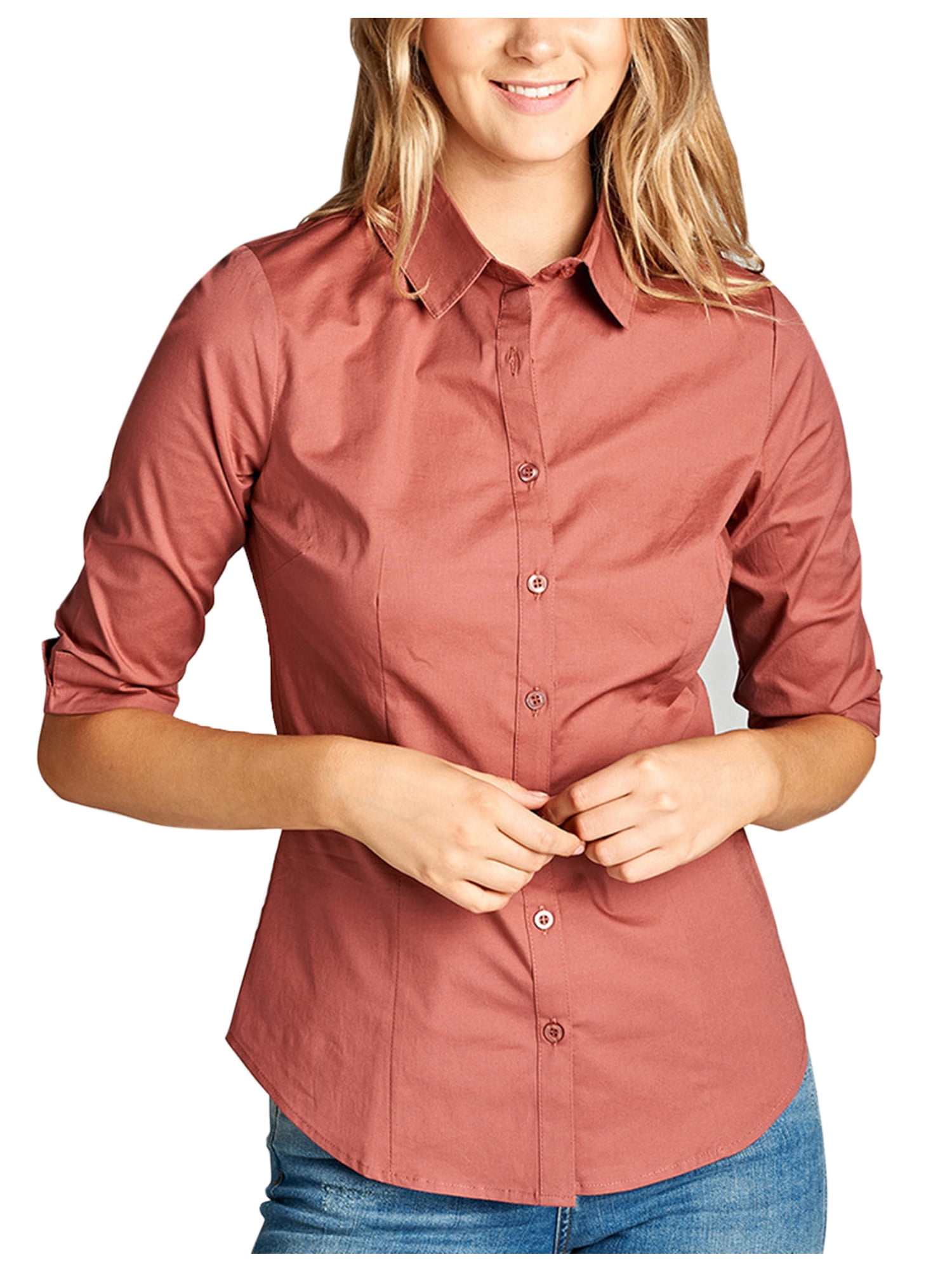 KOGMO Womens Classic Solid 3/4 Sleeve Button Down Blouse Dress Shirt ...