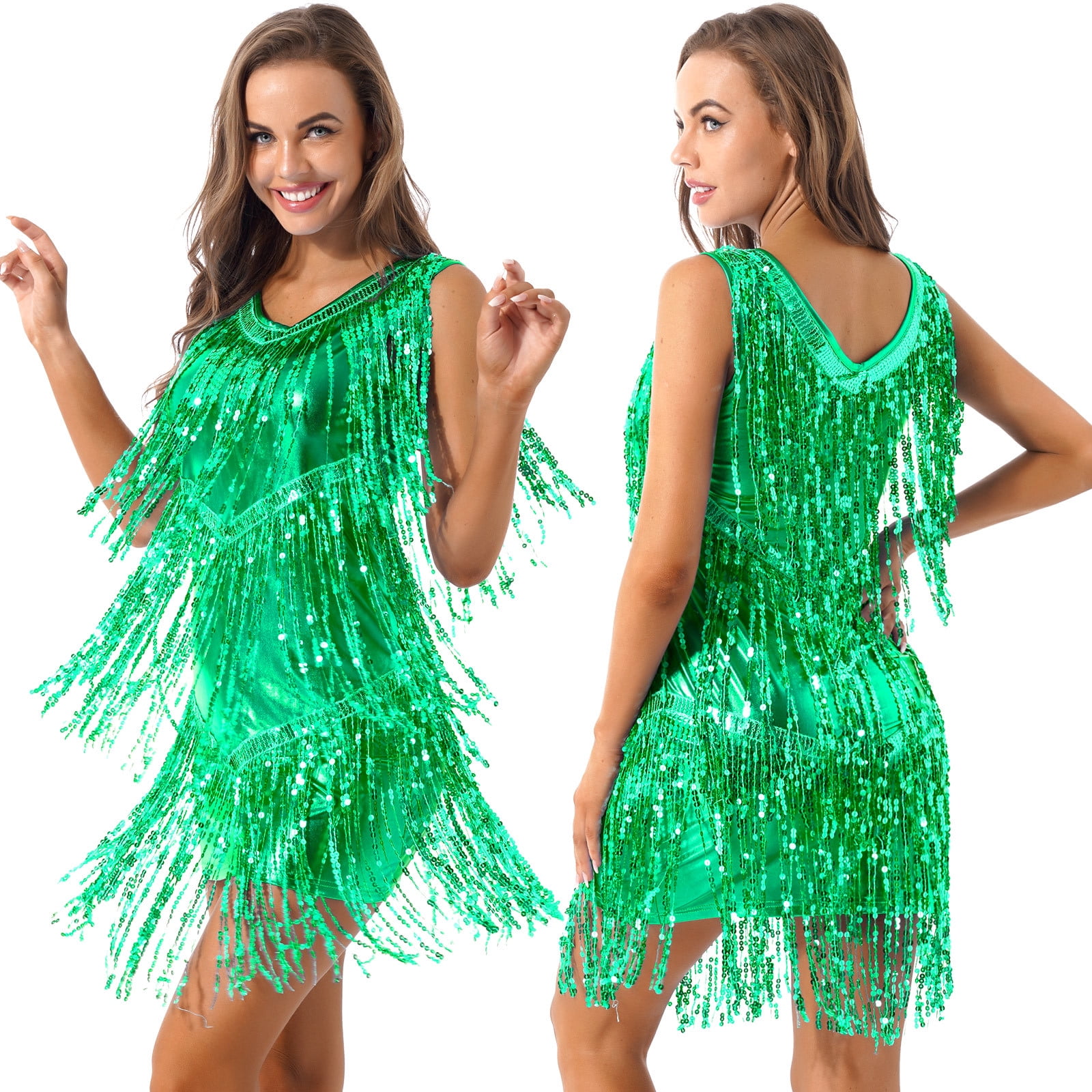 YONGHS Women's Sequins Latin Tango Cha Cha Dance Dress Tassels Costume ...