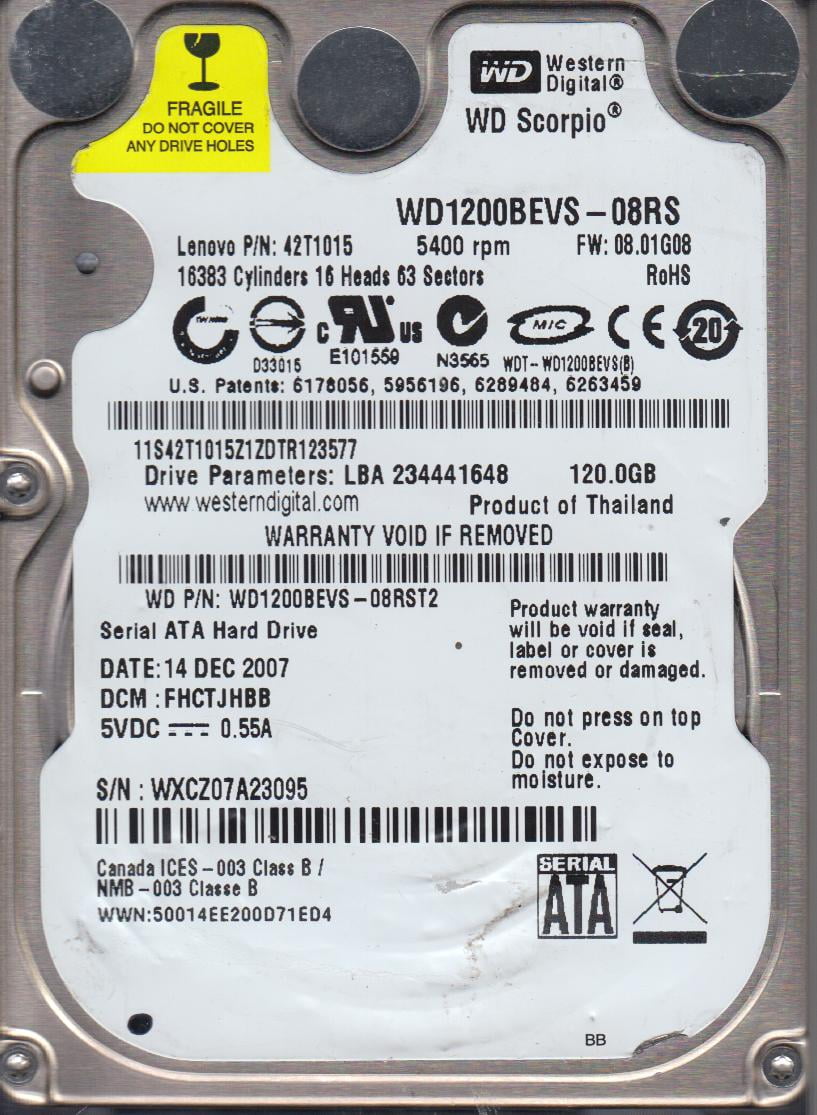 WD1200BEVS-08RST2, DCM FHCTJHBB, Western Digital 120GB SATA 2.5 Hard ...