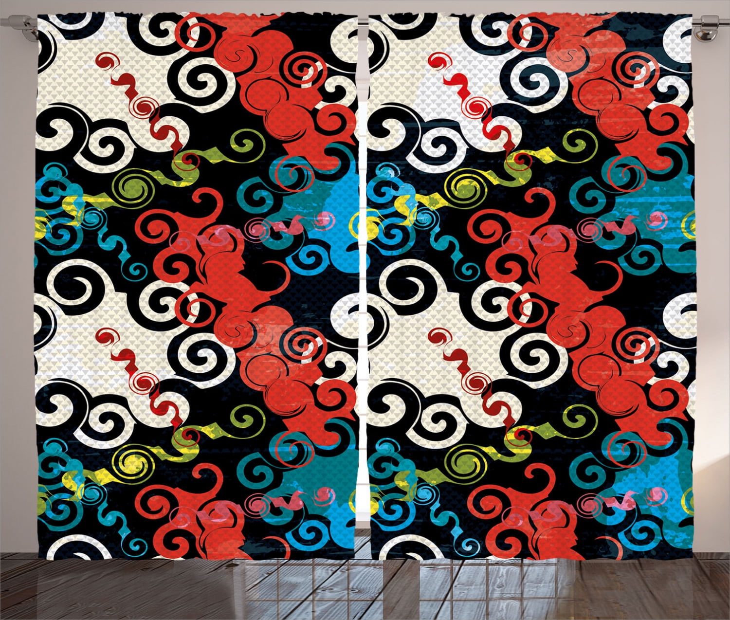 Psychedelic Curtains 2 Panels Set, Dark Spiral Puzzle with Graffiti ...