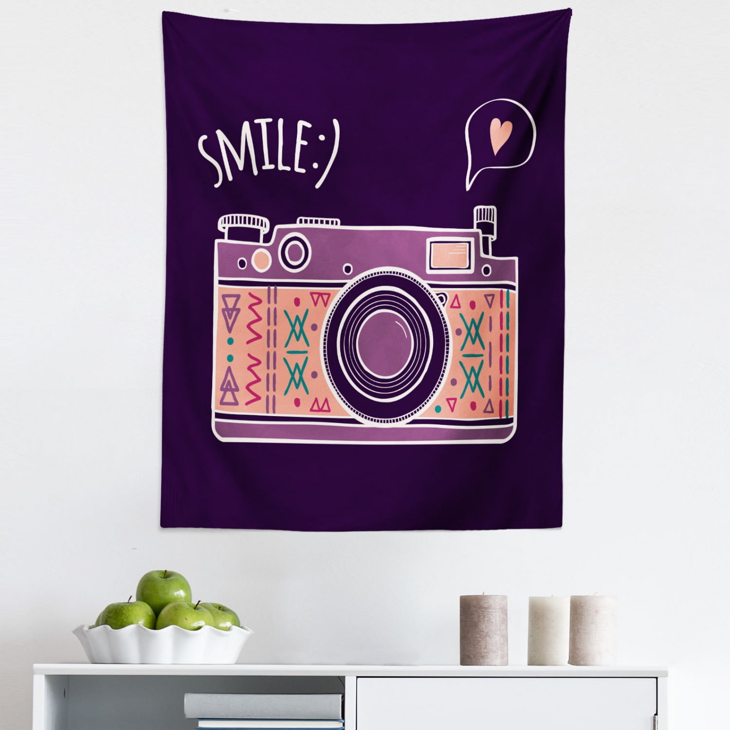 Retro Tapestry, Vintage Camera Design with Hand Drawn Love Heart Shape ...