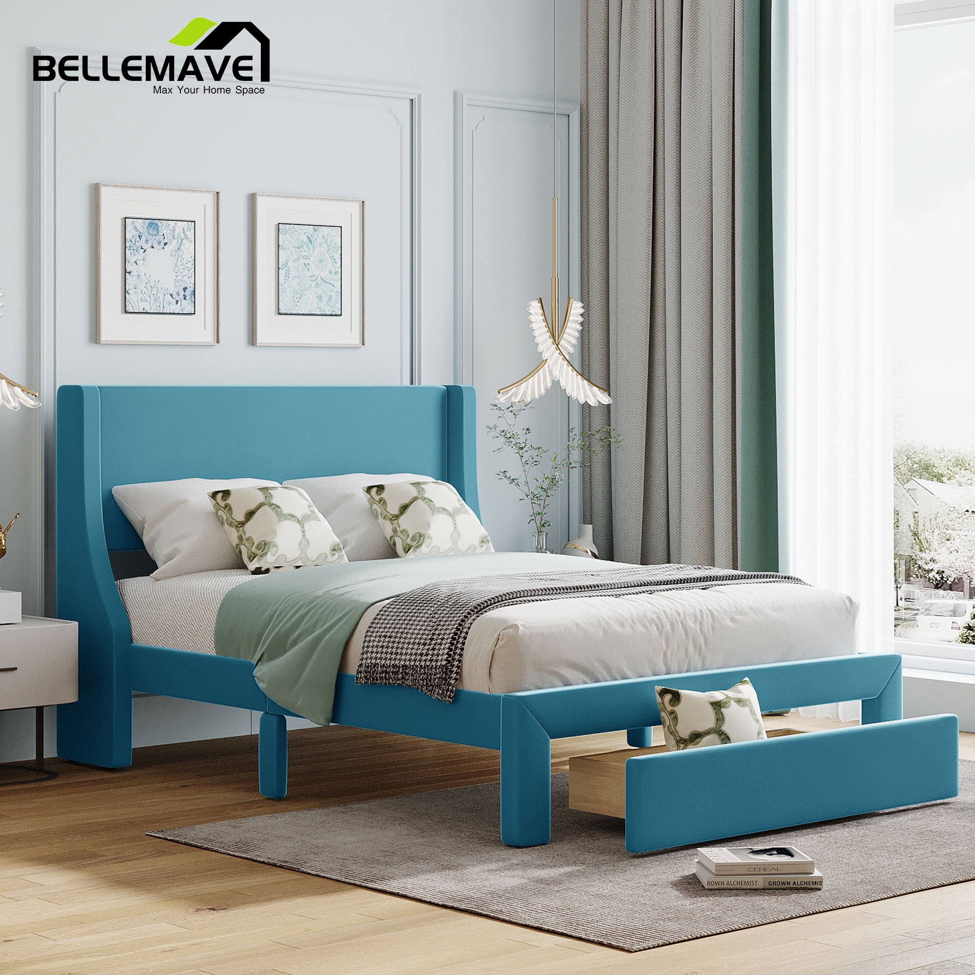 Bellemave Full Size Blue Velvet Upholstered Platform Bed with One ...